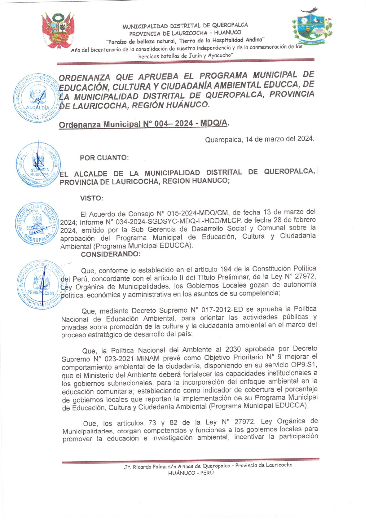 Programa Municipal de Educación, Cultura y Ciudadanía Ambiental de la Municipalidad Distrital de ...